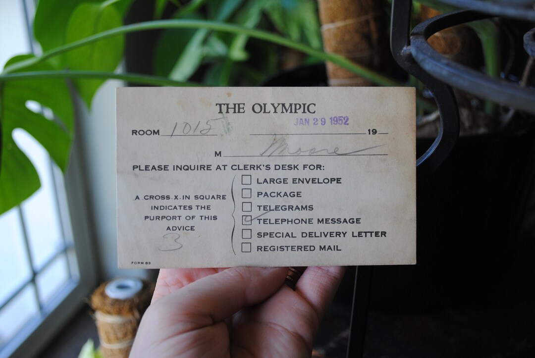 1952 the Olympic Hotel - Clerk's Desk - Telephone Message Note - Moore ...