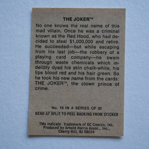 1978 the Joker Sticker DC Comics Batman Sunbeam No 15 of 30 Arnold ...
