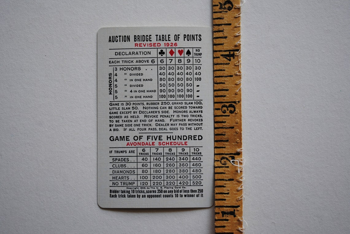 1926 US Playing Card Company Rule Card - Auction Bridge Table of Points ...