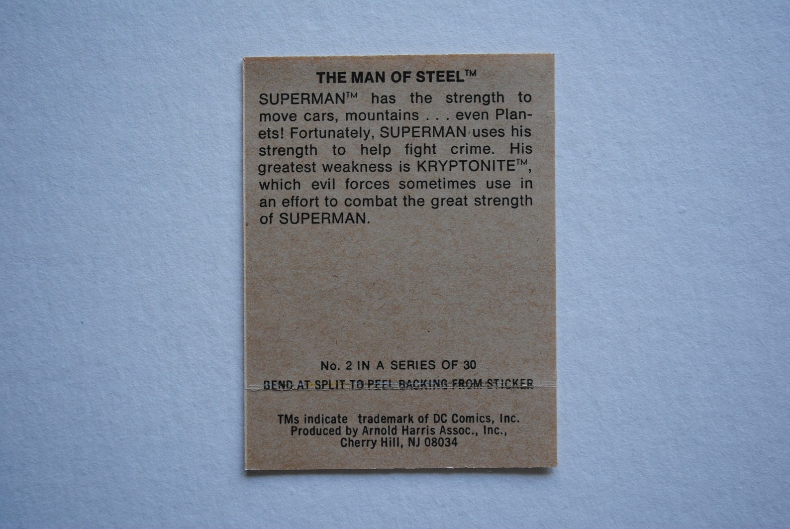 1978 the Man of Steel Sticker DC Comics Sunbeam Number 2 of 30 Arnold ...