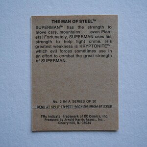 1978 the Man of Steel Sticker DC Comics Sunbeam Number 2 of 30 Arnold ...