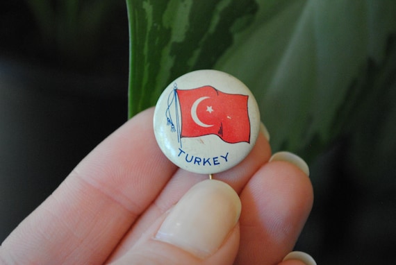 Vintage Turkey Flag Pin Back Button - Flags Of The Wo… - Gem