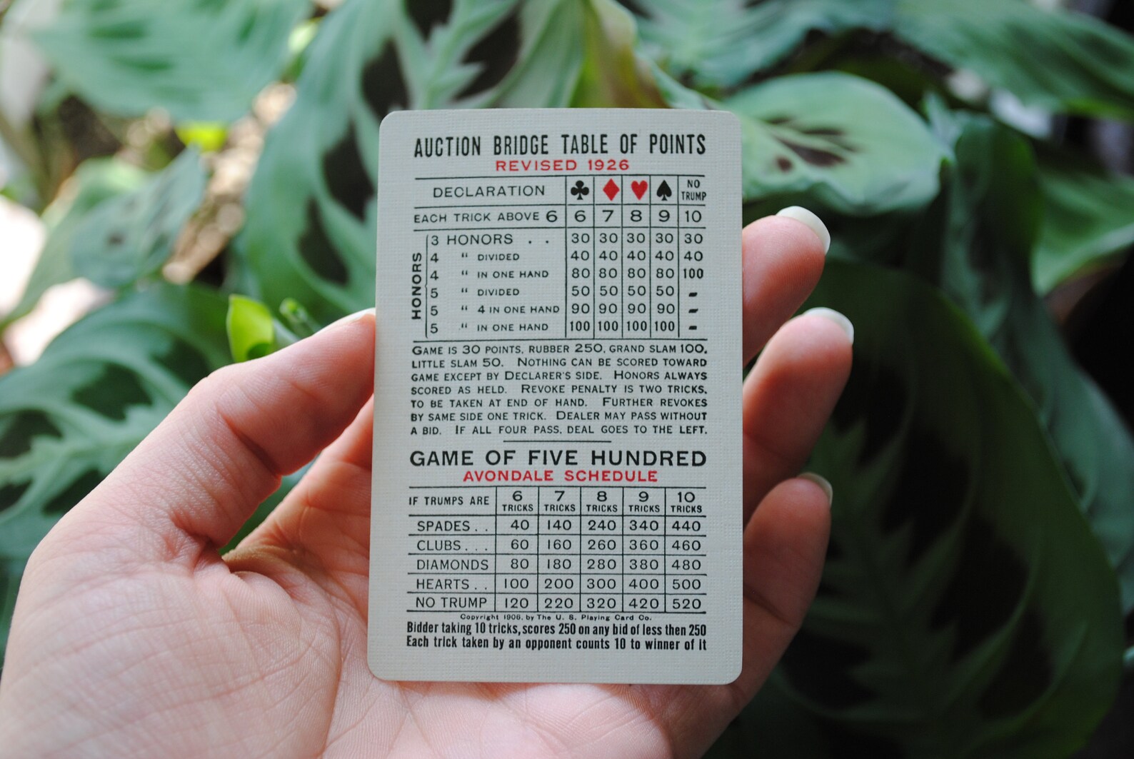 1926 US Playing Card Company Rule Card - Auction Bridge Table of Points ...