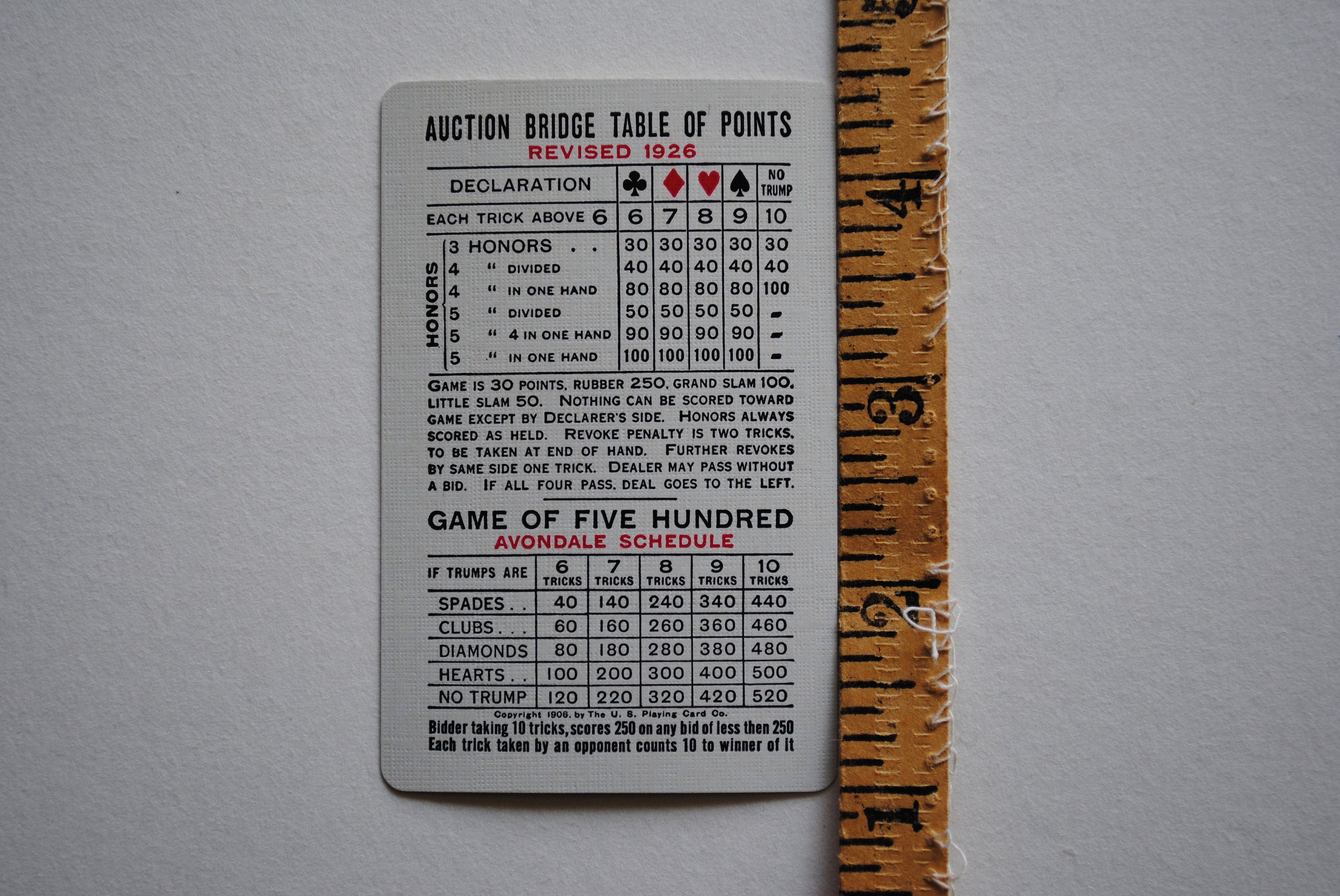 1926 US Playing Card Company Rule Card - Auction Bridge Table of Points ...
