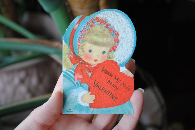 1970's Please Say You'll Be My Valentine - Rosy Cheeks Girl With Blue ...