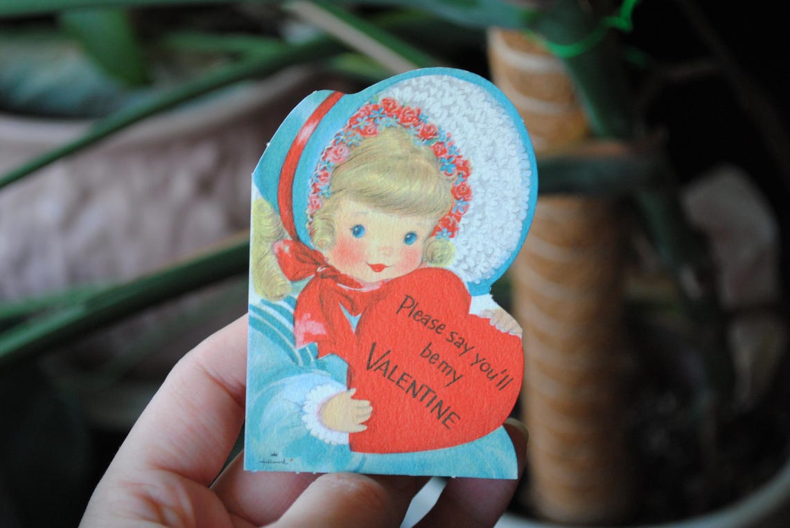 1970's Please Say You'll Be My Valentine - Rosy Cheeks Girl With Blue ...