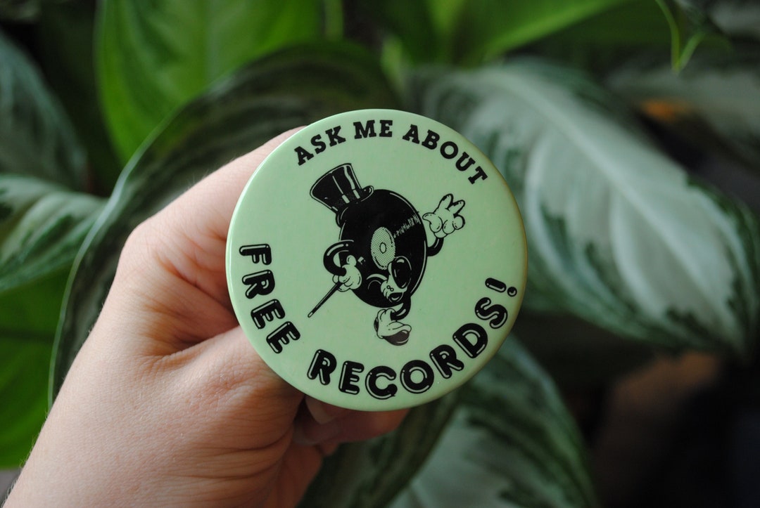 Vintage Ask Me About Free Records Pin Back Button - 1970's Retro Badge ...