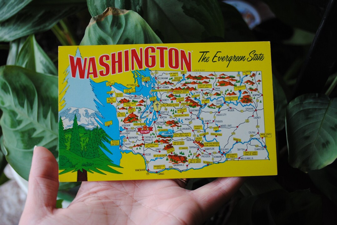 Vintage Washington the Evergreen State Postcard State Map Washington ...