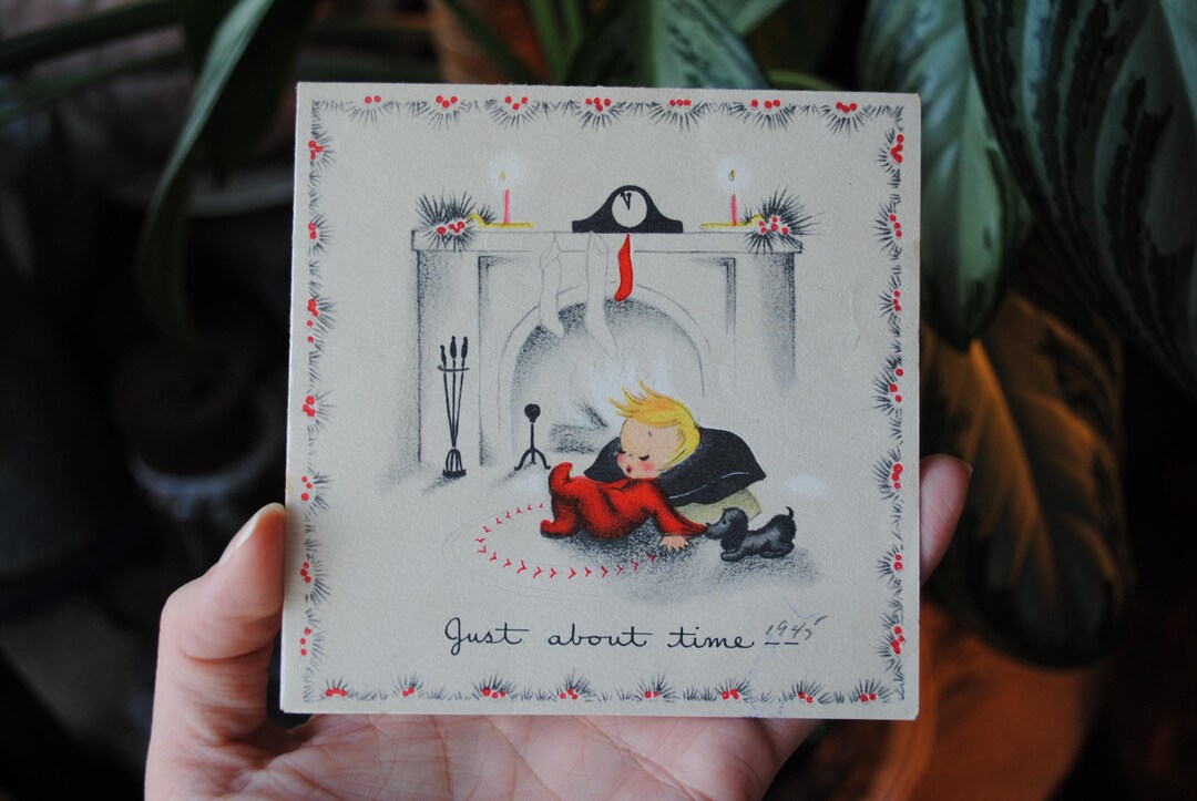 1950's Just About Time Christmas Card - Boy With Dog by Fireplace ...