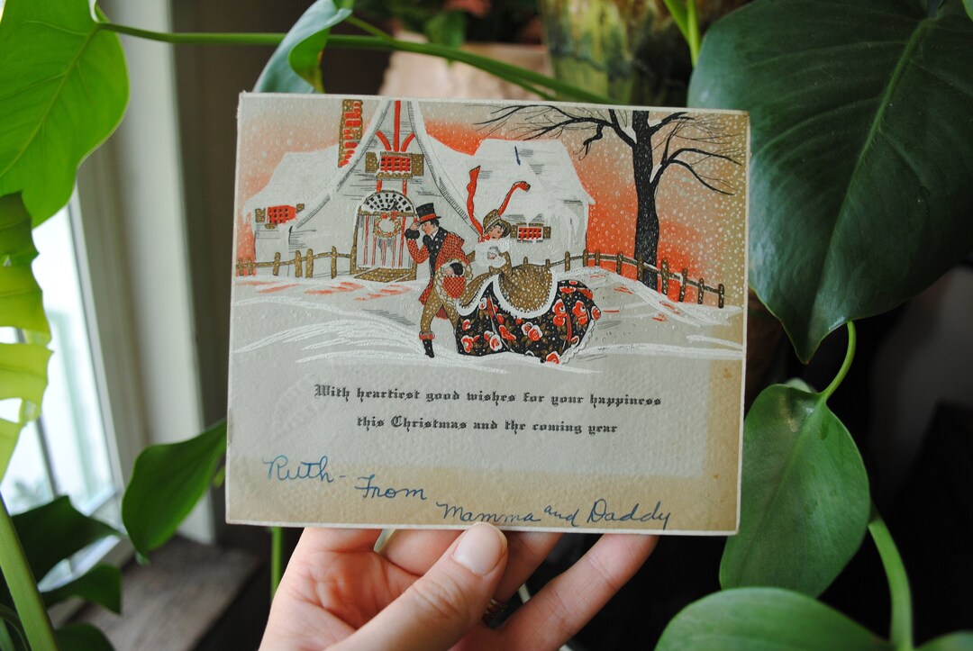1930's Good Wishes This Christmas Card - Victorian Couple Walking Through the Snow - Vintage ...