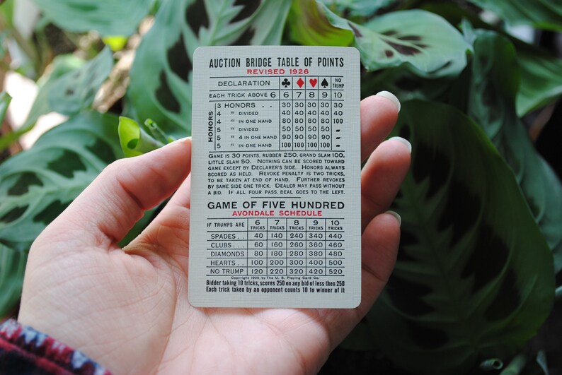 1926 US Playing Card Company Rule Card - Auction Bridge Table of Points ...