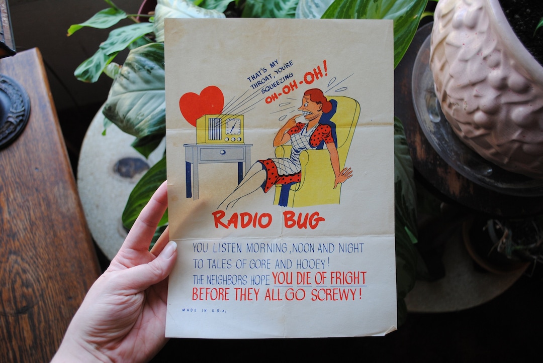 1940's Radio Bug Vinegar Valentine Card - Woman in Armchair Glued to Radio - Insult Cards ...