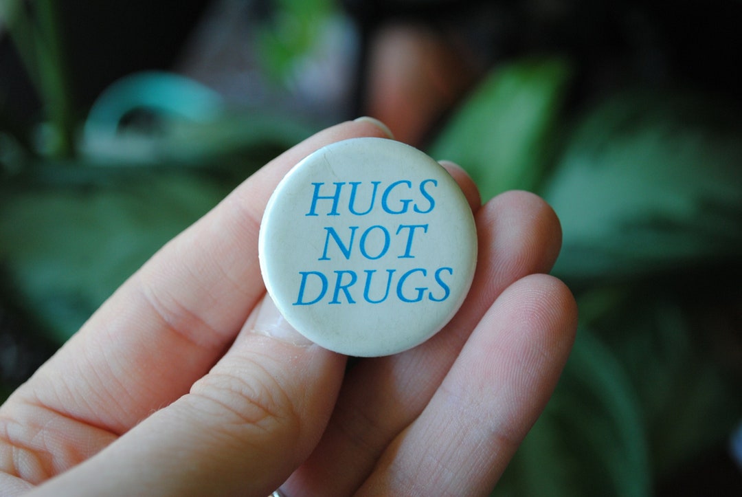 Vintage Hugs Not Drugs Button - Pin Back - Retro Badge - Blue and White ...