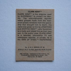 1978 Clark Kent Sticker DC Comics Sunbeam Number 3 of 30 Arnold Harris ...
