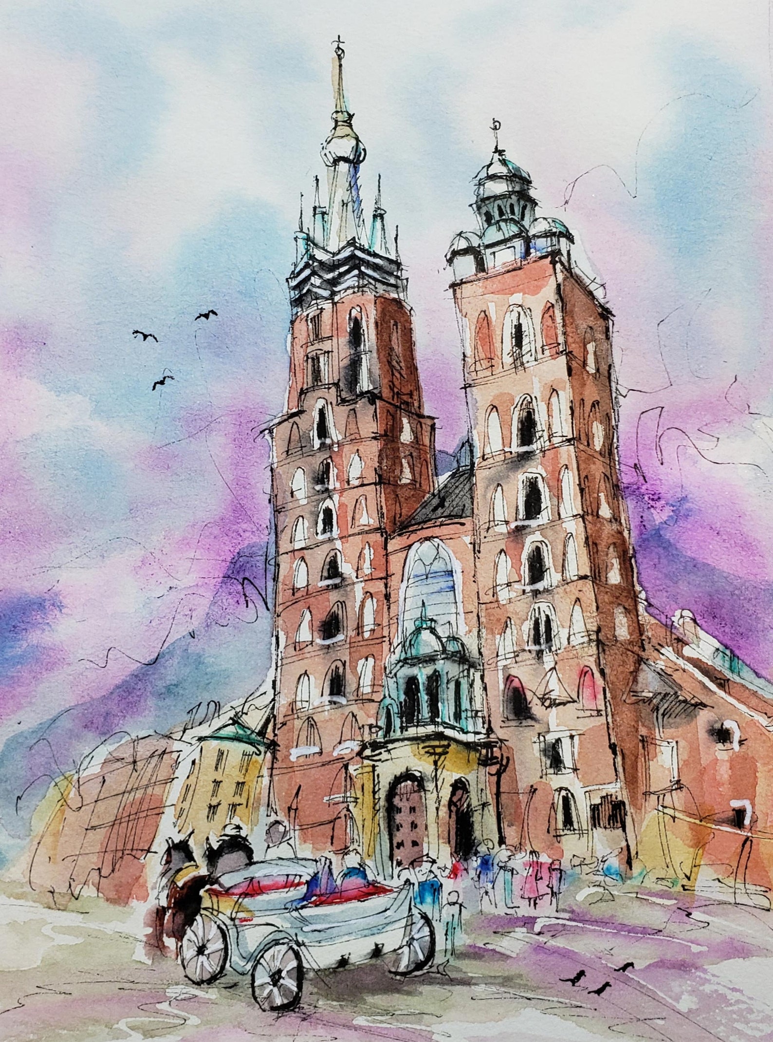 St. Mary's Basilica Watercolor Krakow Poland Art - Etsy