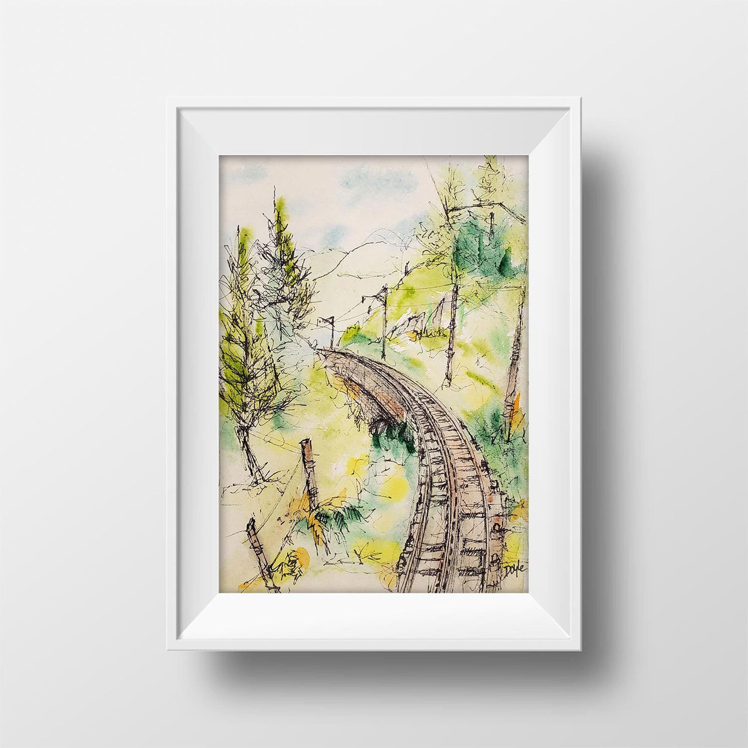 Train Tracks Painting Train Tracks Watercolor Wall Art Print - Etsy