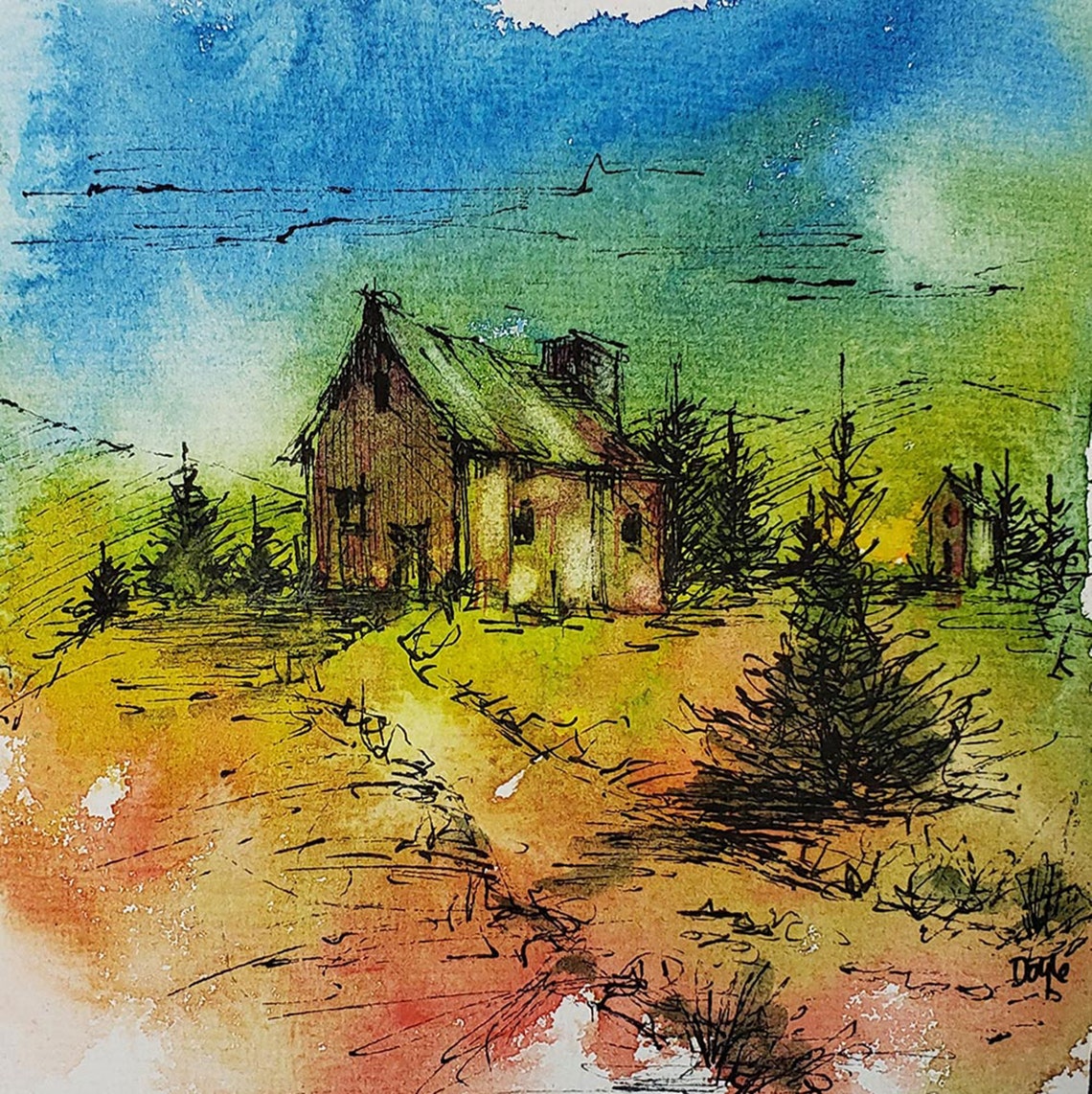 Cabin Painting Cabin Wall Art Colorful Watercolor - Etsy