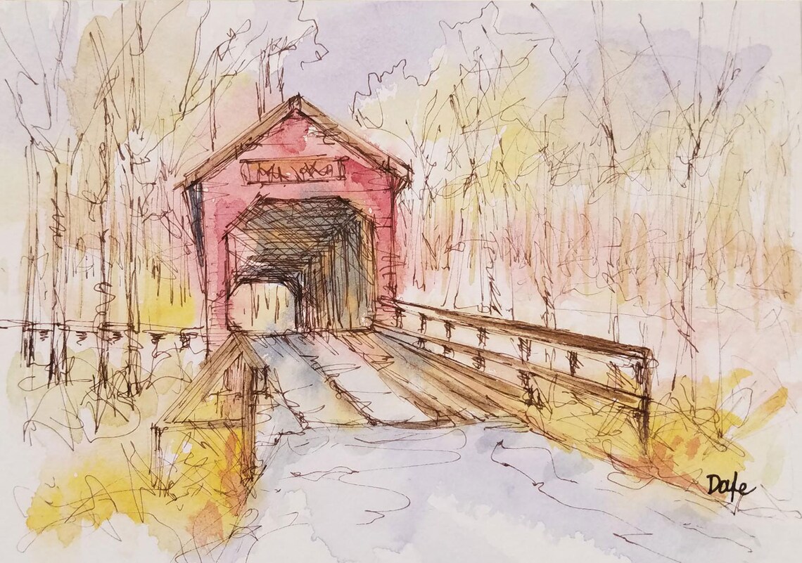 Bridge Watercolor Painting Rustic Painting Watercolor Wall - Etsy
