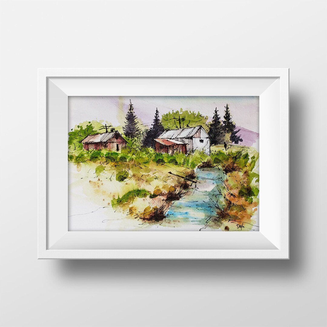 Rustic Barn Watercolor Art Print - Old Barn Wall Art - by the Stream ...