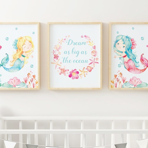 Mermaid Nursery Wall Art Set of 3 Mermaid Art Prints Under the - Etsy