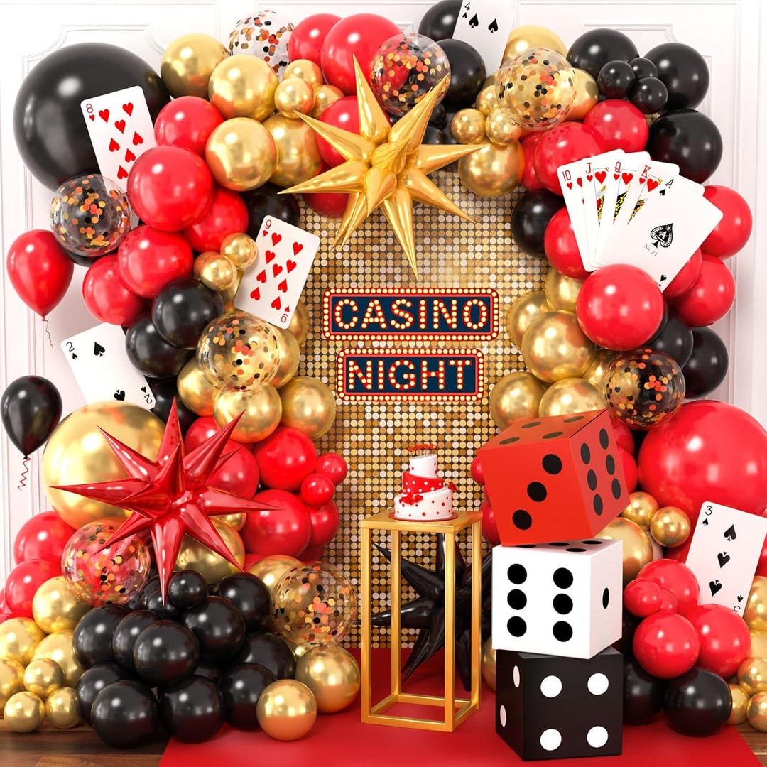 Casino Theme Party Decorations, Dice Boxes, Poker Cards Black Red Gold ...