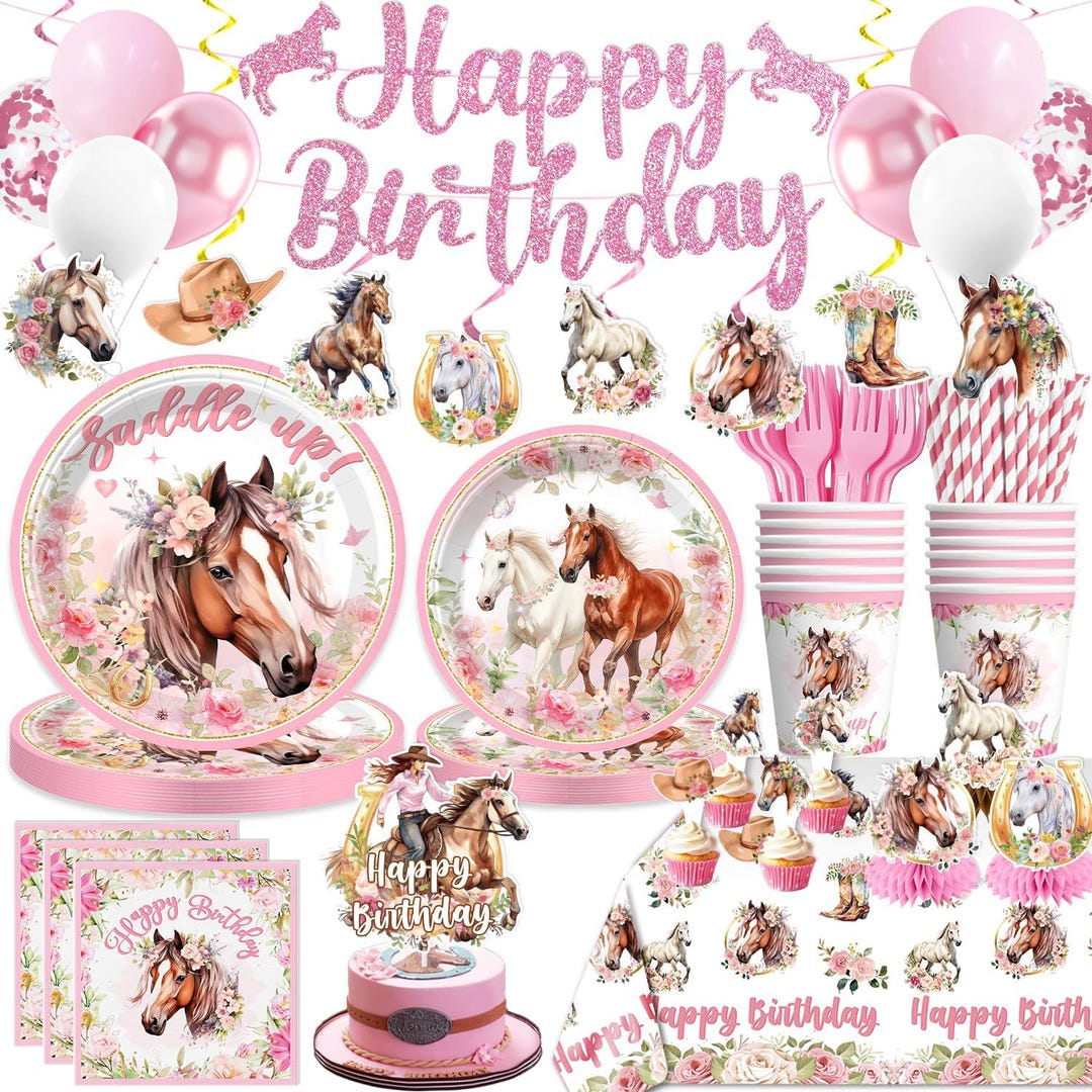 Horse Saddle up Birthday Tableware Set, Cowgirl Theme Birthday Banner ...
