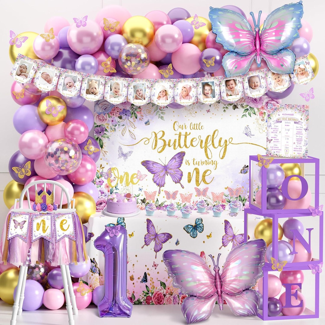 Butterfly 1st Birthday Decoration, Purple Butterfly Birthday Backdrop ...