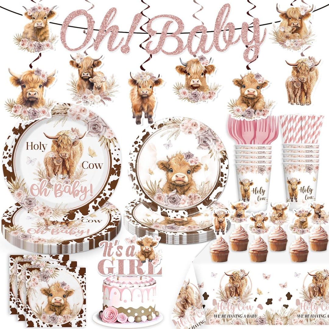 Highland Cow Baby Shower Tableware Set, Pink Girl's Holy Cow Plates ...