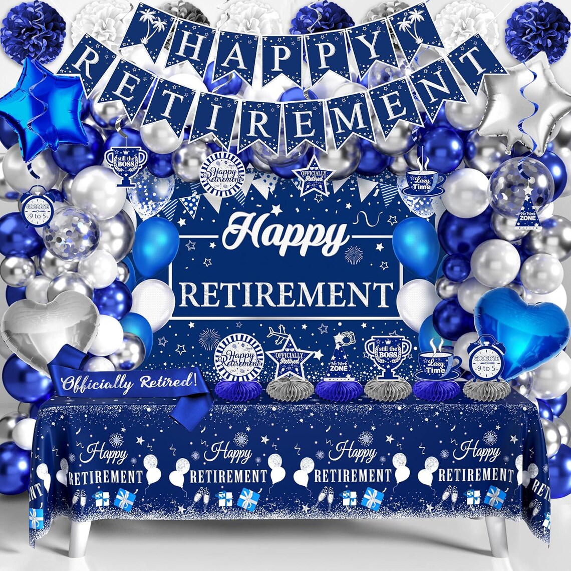 Retirement Party Decoration for Men Women, Blue Silver Happy Retirement ...