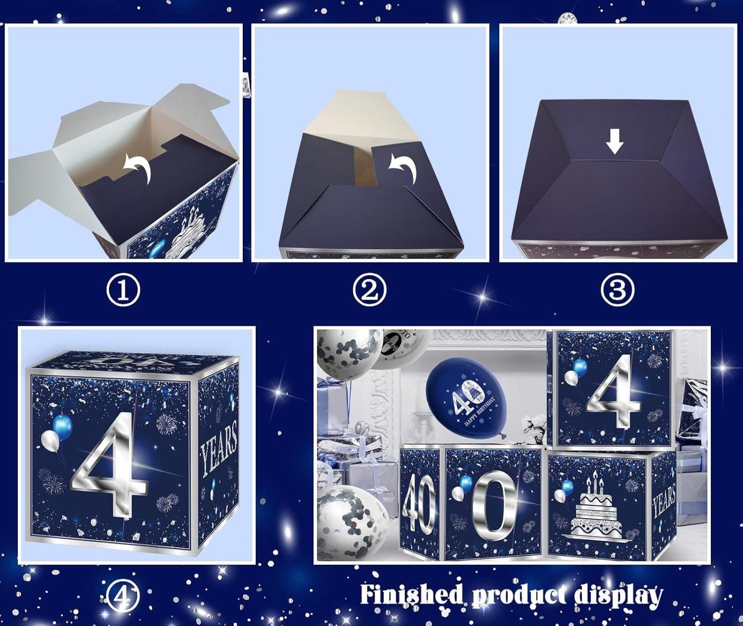 40th Birthday Balloon Boxes for Men Women 3pcs, Blue and Silver 40th ...