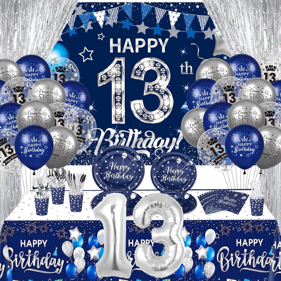 13th Birthday Decorations Blue and Silver, Happy 13th Birthday Backdrop ...