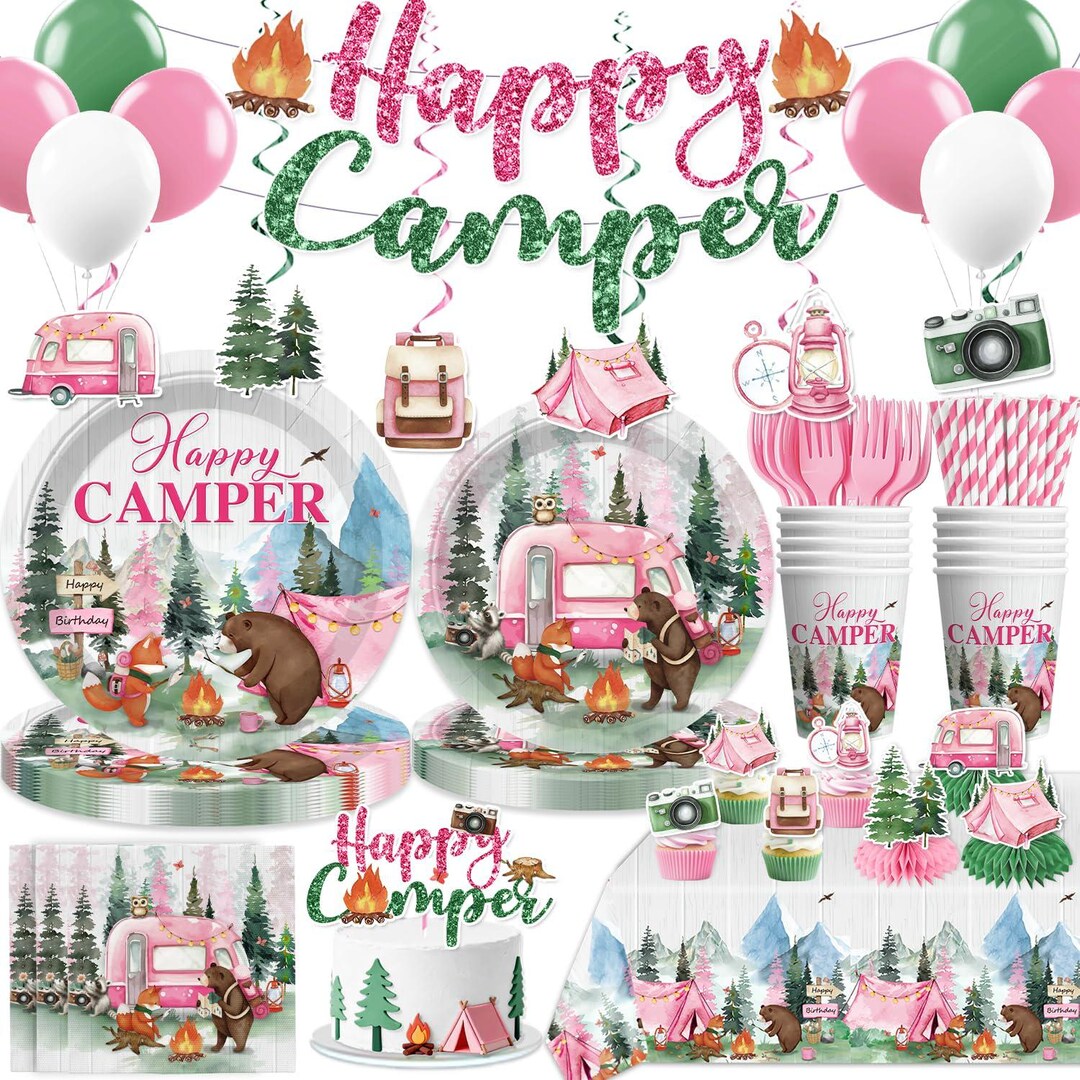 Camping Birthday Tableware Set, Girl's Happy Camper Birthday Banner ...