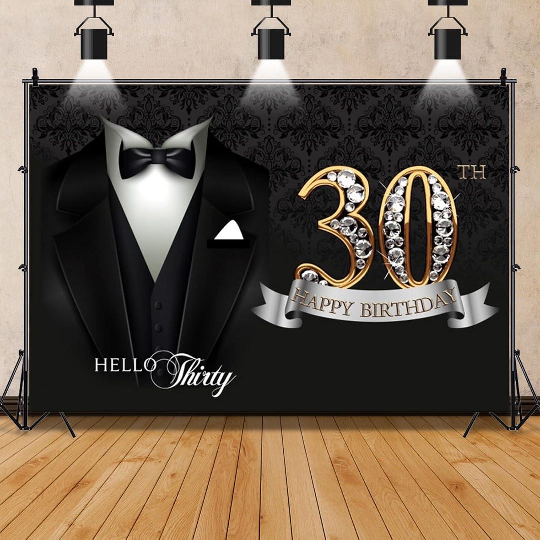 30th Birthday Banner Backdrop Decorations for Men Black Tuxedo Suit ...