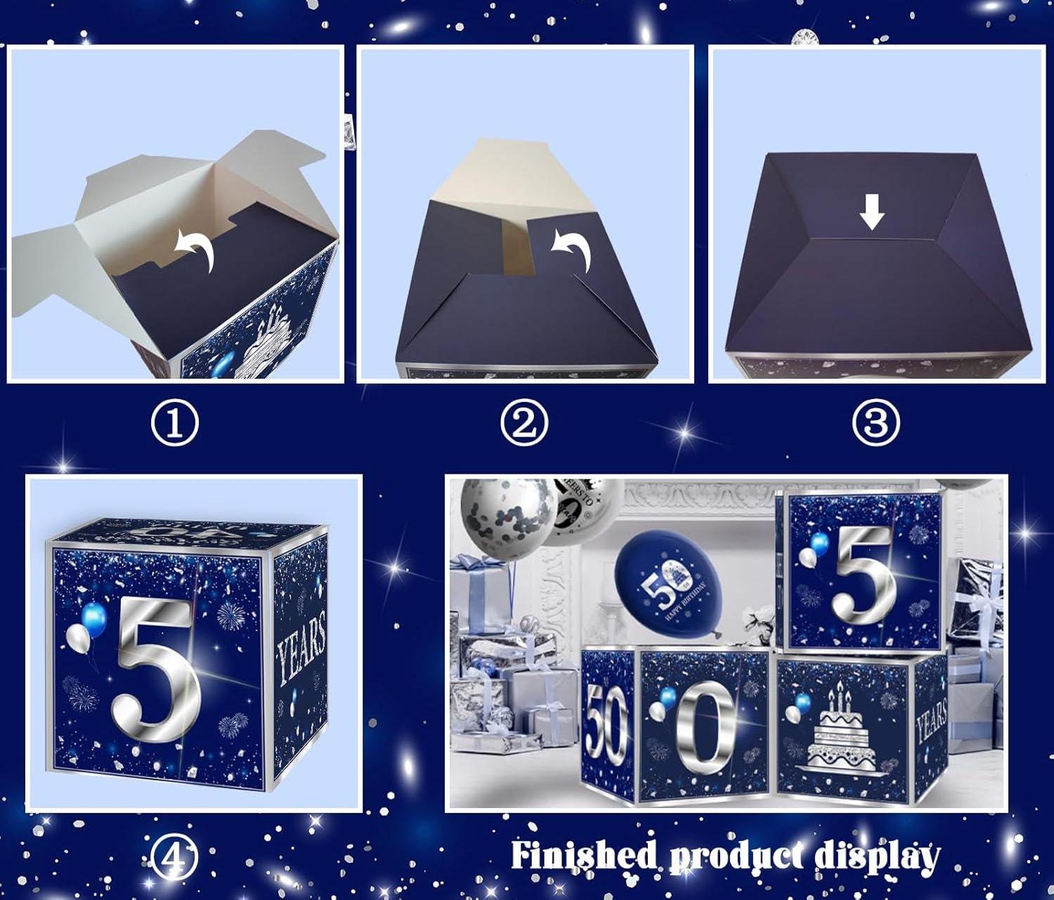 50th Birthday Balloon Boxes for Men Women 3pcs, Blue and Silver 50th ...