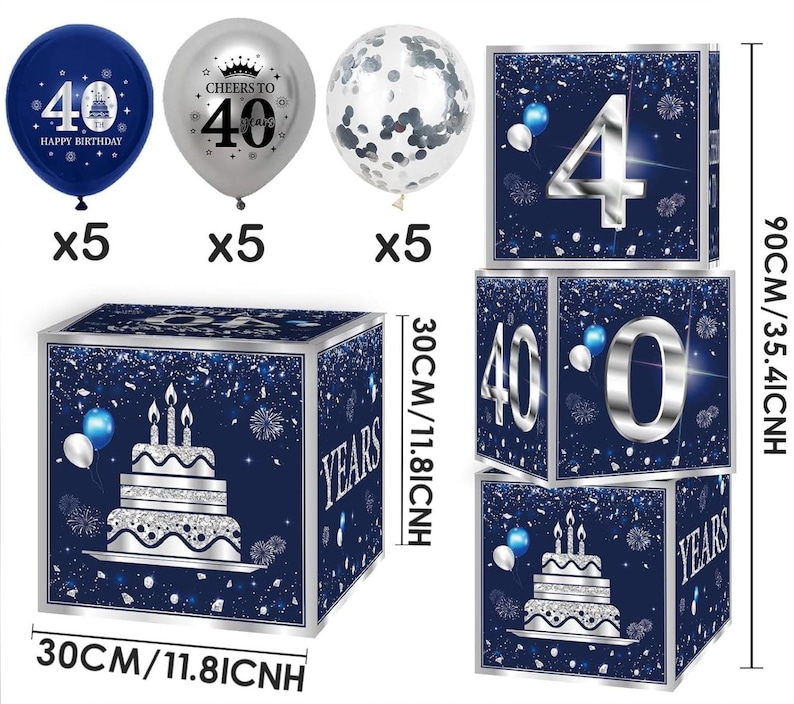 40th Birthday Balloon Boxes for Men Women 3pcs, Blue and Silver 40th ...