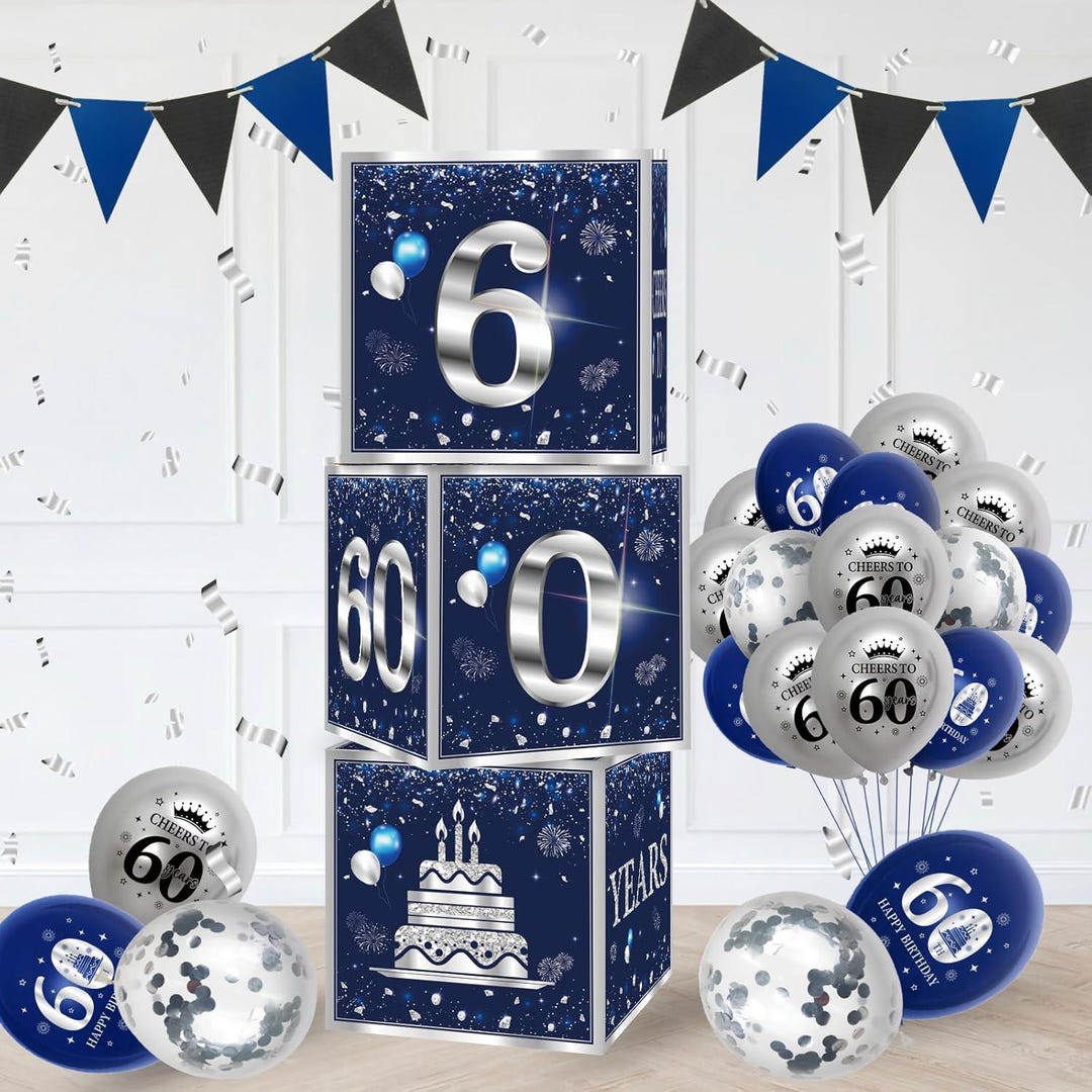 60th Birthday Balloon Boxes for Men Women 3pcs, Blue and Silver 60th ...