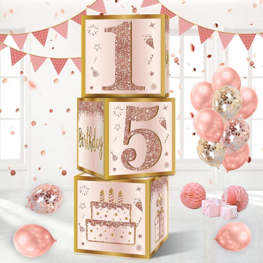 15th Birthday Balloon Boxes for Girls 3pcs, Pink Rose Gold 15th ...