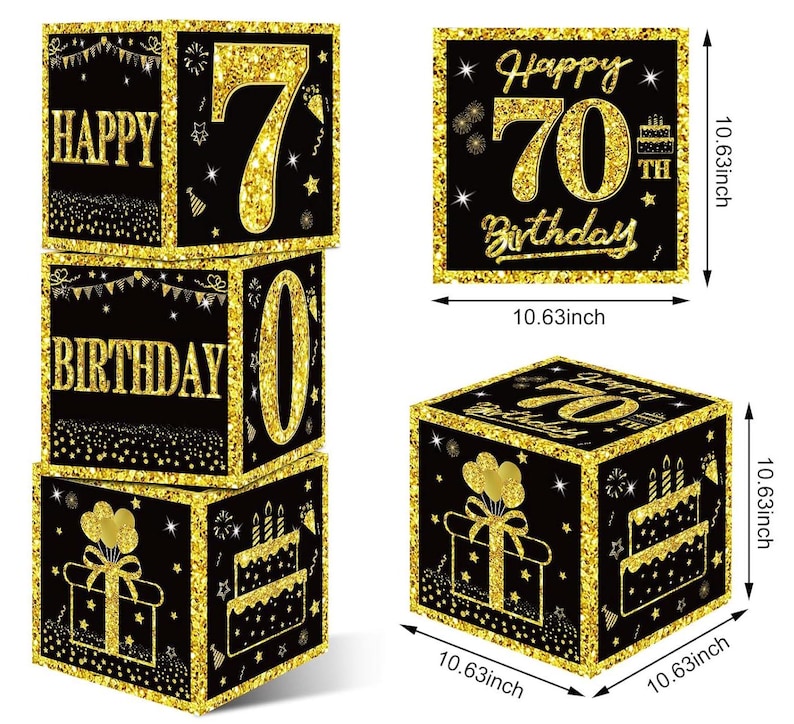 70th Birthday Balloon Boxes for Men Women 3pcs, Black and Gold 70th ...