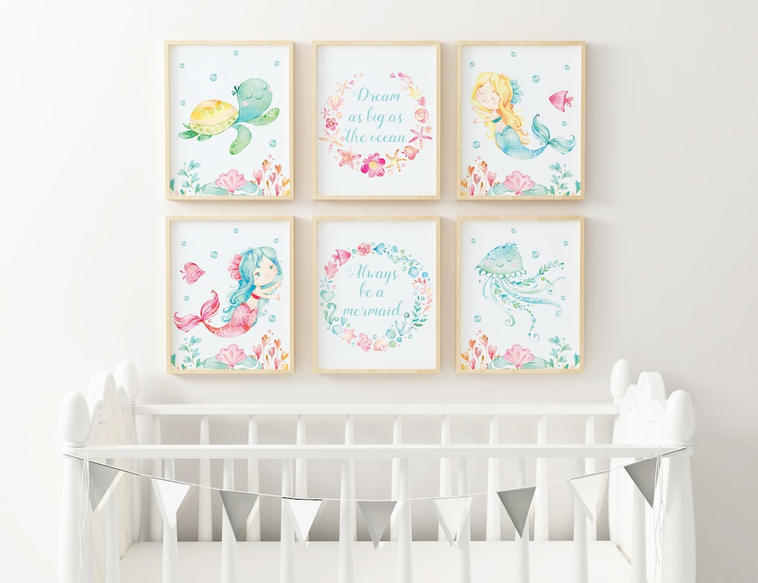 Mermaid Nursery Wall Art Set of 6 Mermaid Wall Art Girl Room Mermaid ...