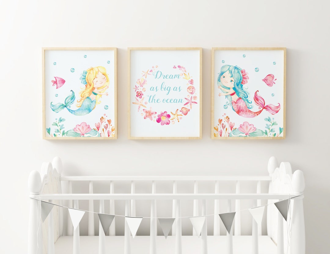 Mermaid Nursery Wall Art Set of 3 Mermaid Art Prints Under the Sea ...