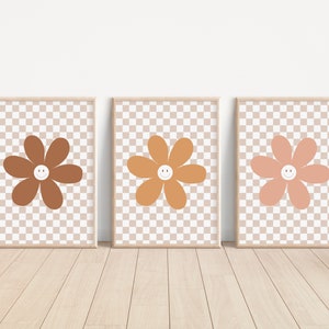 Boho Happy Daisy Retro Wall Art: Girls Nursery Decor, Set of 3 (digital ...