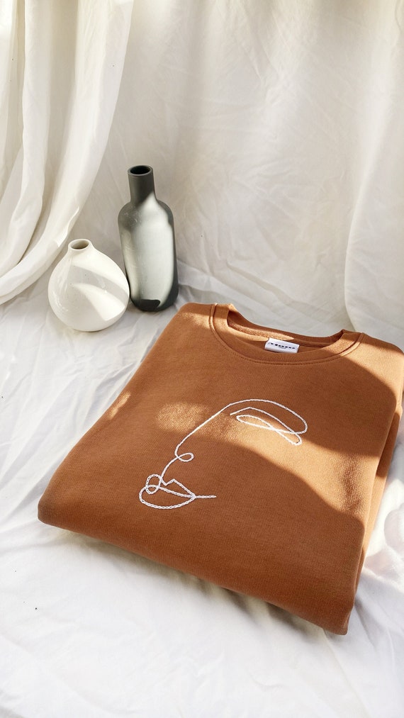 Abstract Face Line Drawing Caramel Embroidered Sweatshirt | Etsy