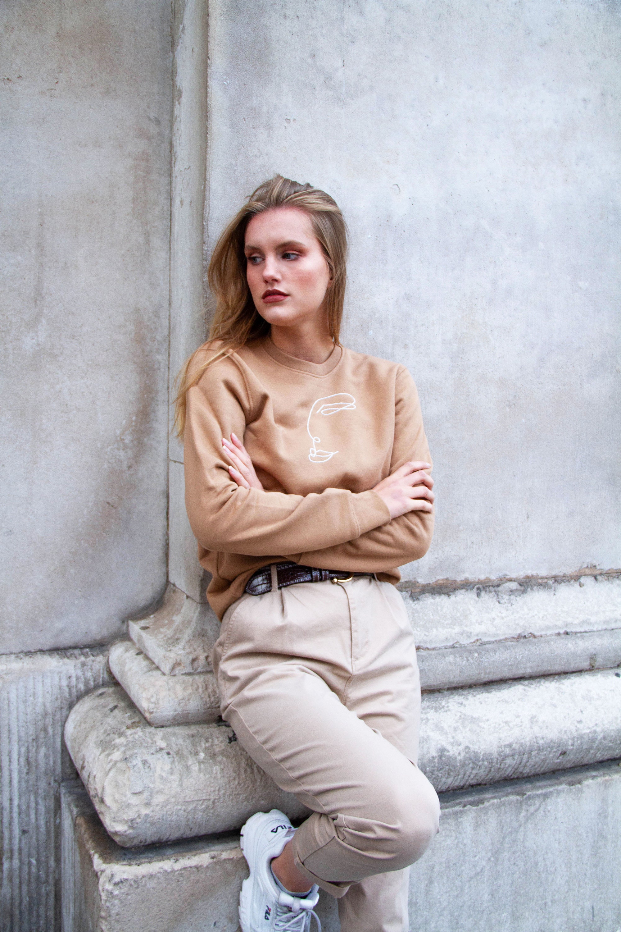 Abstract Face Line Drawing Caramel Embroidered Sweatshirt - Etsy