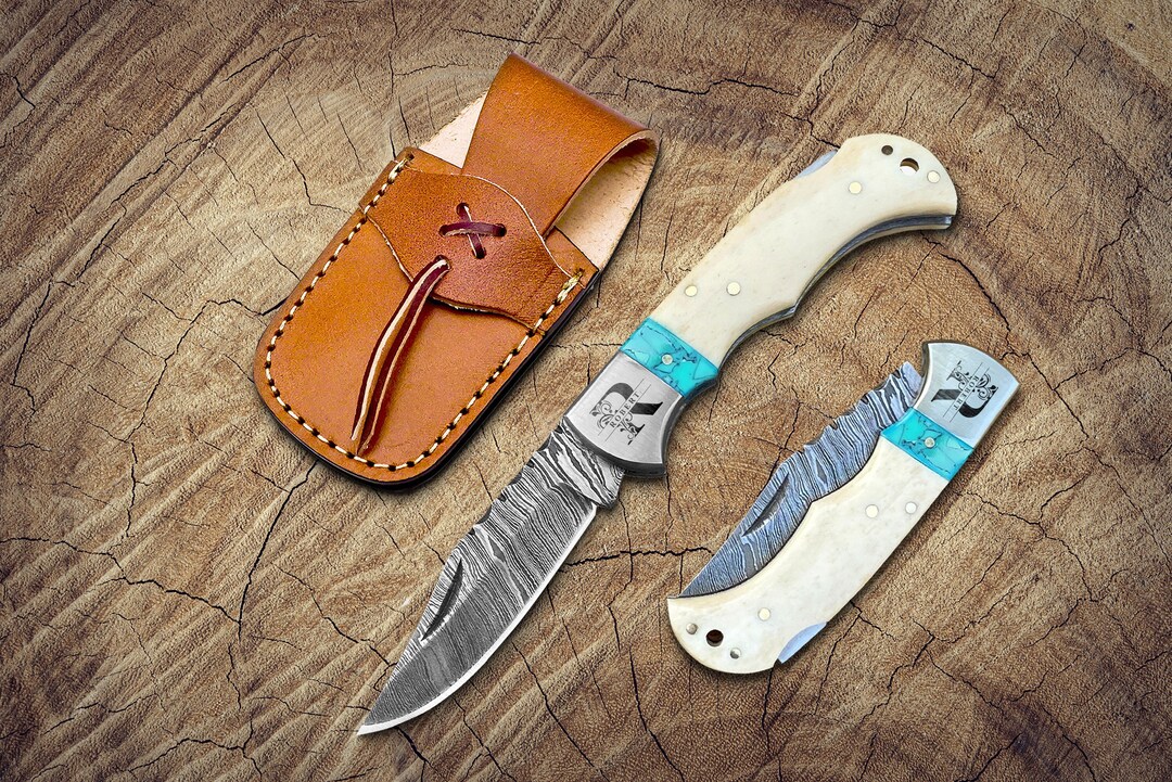 Handmade Damascus Pocket Knife Bone and Turquoise Handle Folding Knife ...