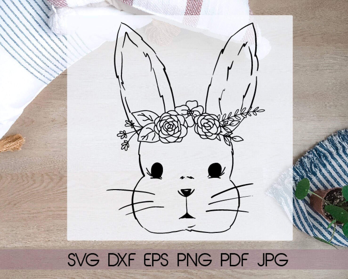 Easter Bunny Clipart With Floral Wreath, Hand Drawn SVG File, Rabbit ...