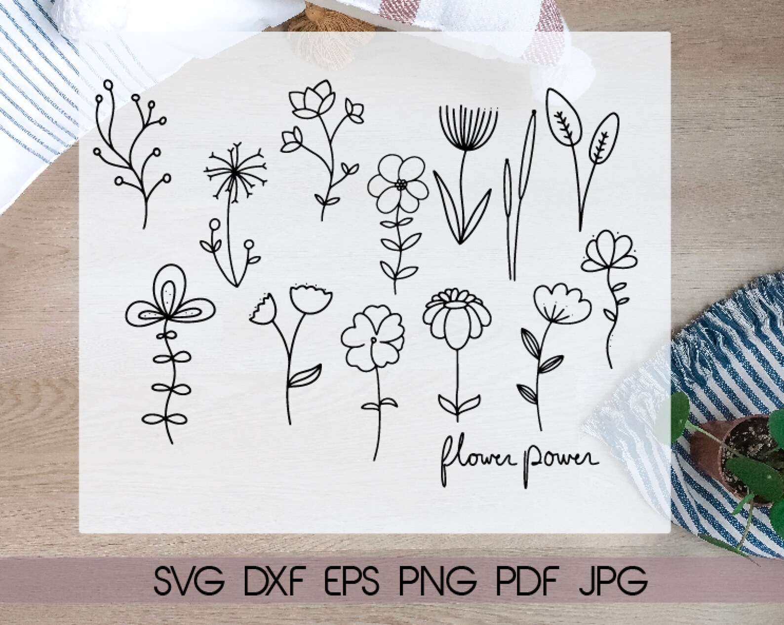 Pack of 13 Flower SVG Files, Flower Power, Hand Drawn Flowers Stems ...