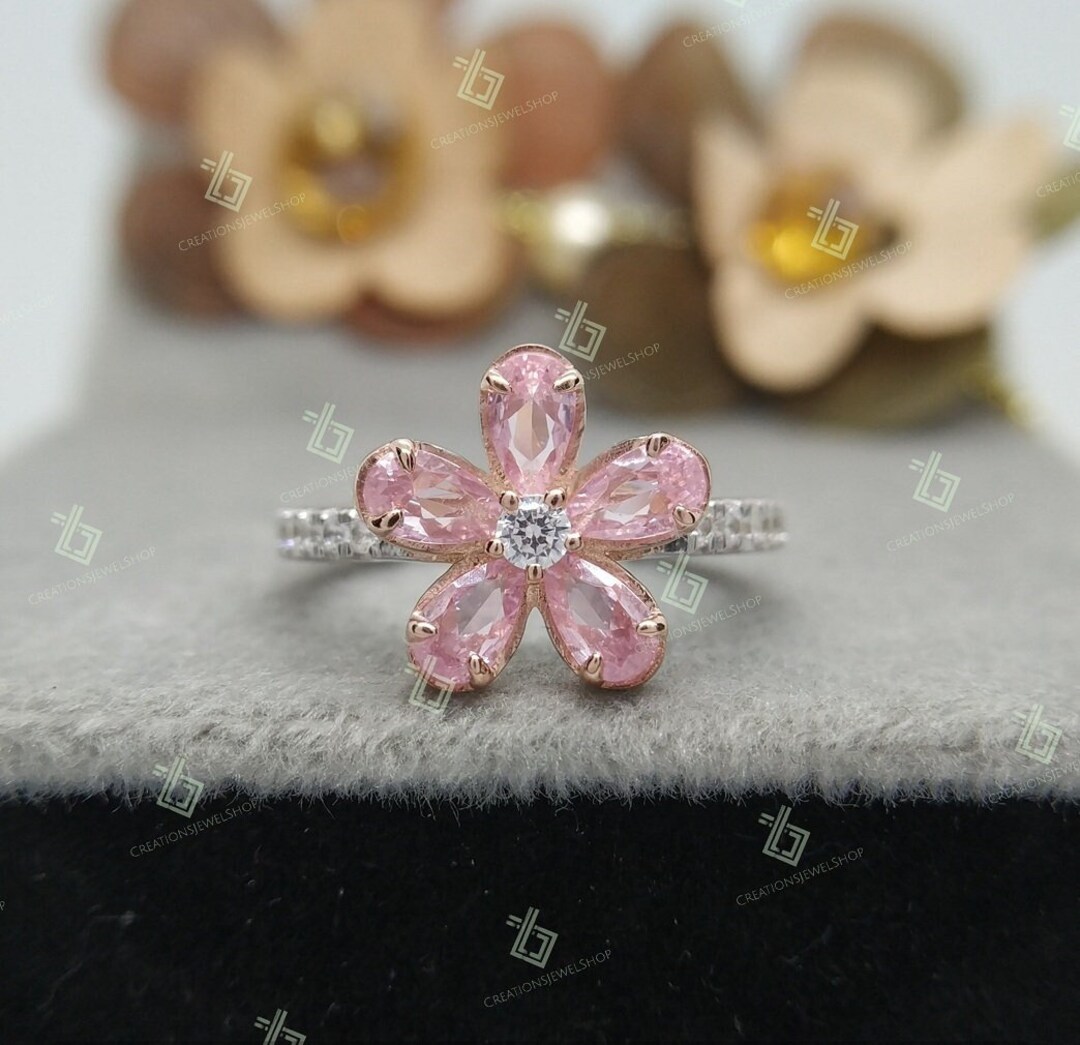 Pink Floral Flower Eda Ring, Anniversary Ring, Floral Engagement ...