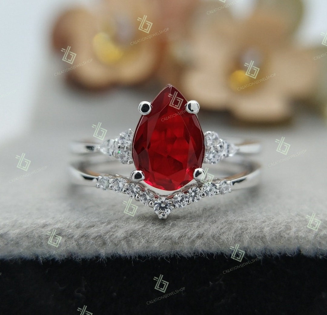 Pear Shaped Ruby Engagement Ring Set Unique Ruby Diamond Ring Set ...