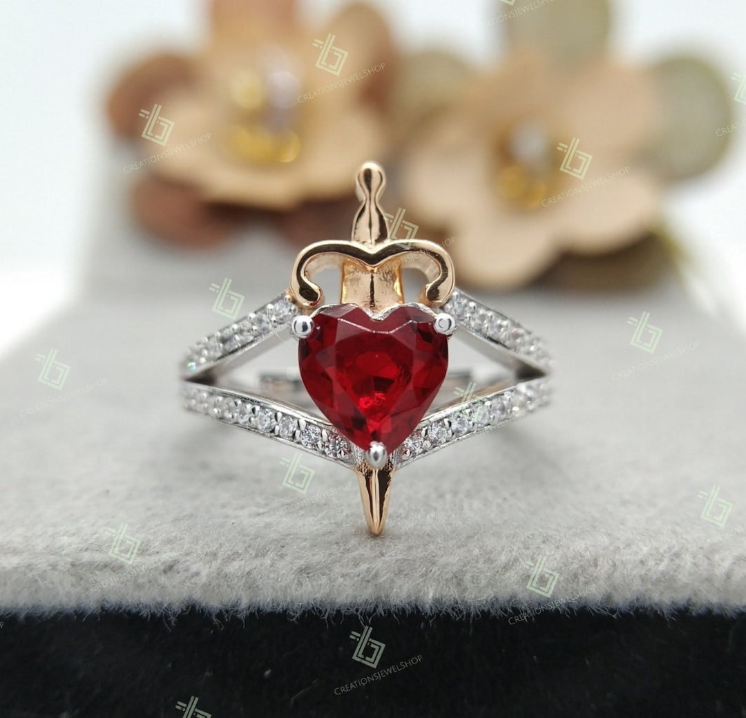 Enchanted Ring, Heart Shaped Garnet Sword Ring Engagement Ring in 925 ...