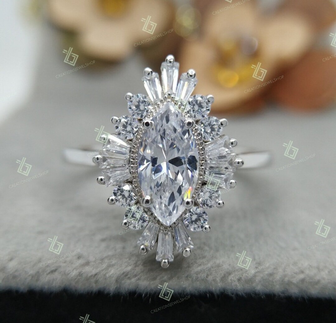 Star Burst Marquise Engagement Ring, Sun Burst Halo Marquise Moissanite ...